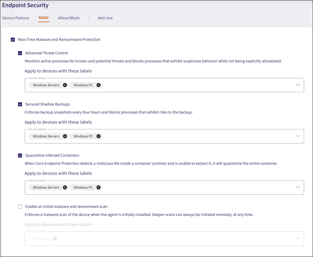 Next Generation Anti Virus (NGAV) settings Next Generation Anti Virus (NGAV) settings