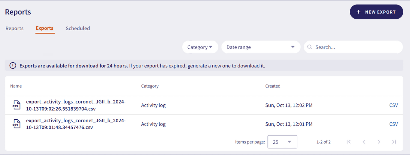 Viewing and creating exports